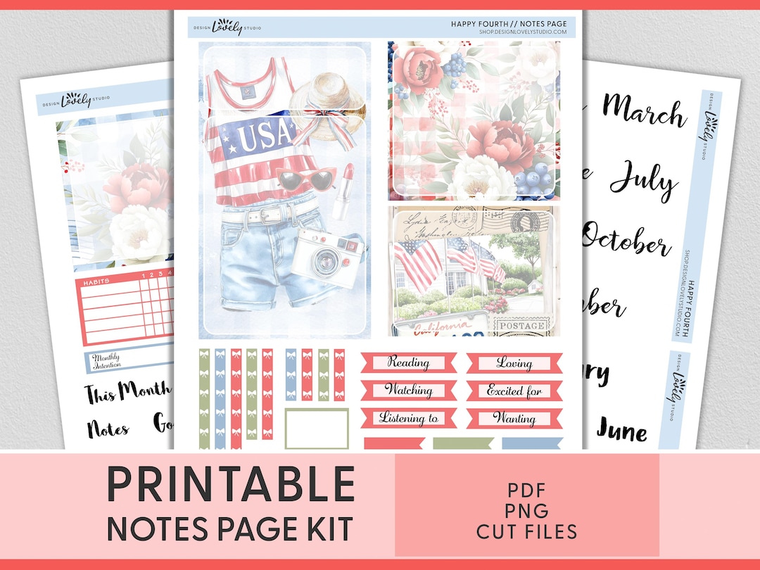 4th of July Notes Page Kit – Printable Planner Stickers for Erin ...