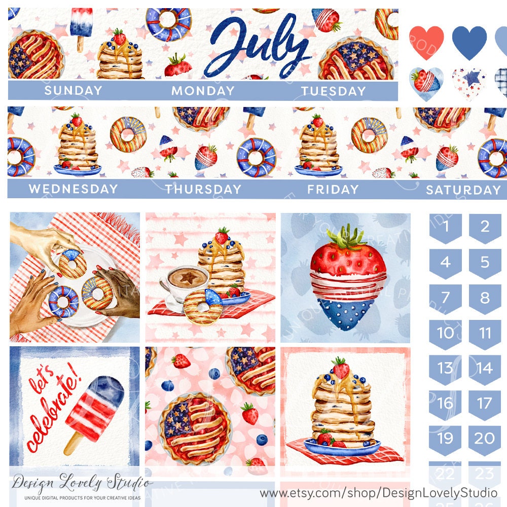 Printable JULY Monthly Stickers Kit Happy Planner July | Etsy