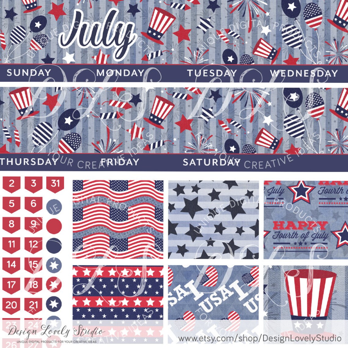 July Monthly View Kit July Monthly Stickers ECLP July - Etsy