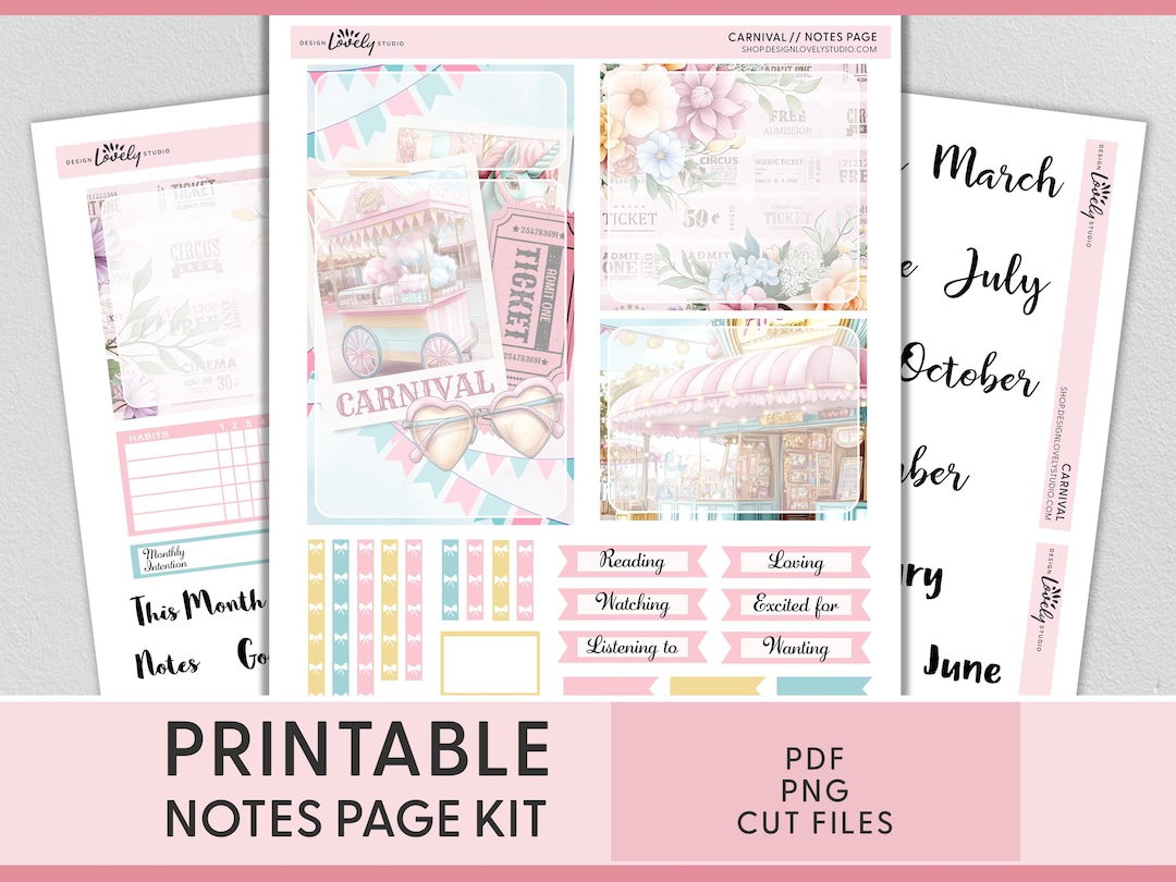 June July August Notes Page Kit, Carnival Theme Printable Stickers for ...