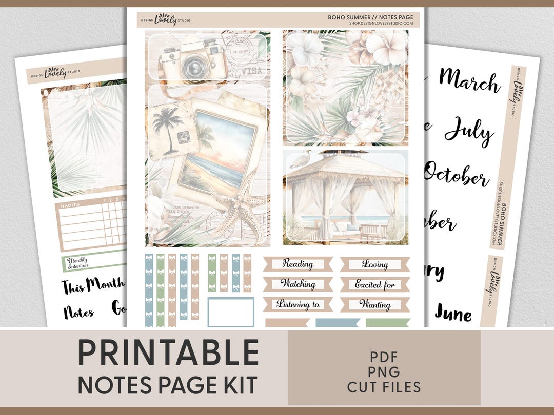 Boho Summer Notes Page Kit – Printable Planner Stickers for Erin ...