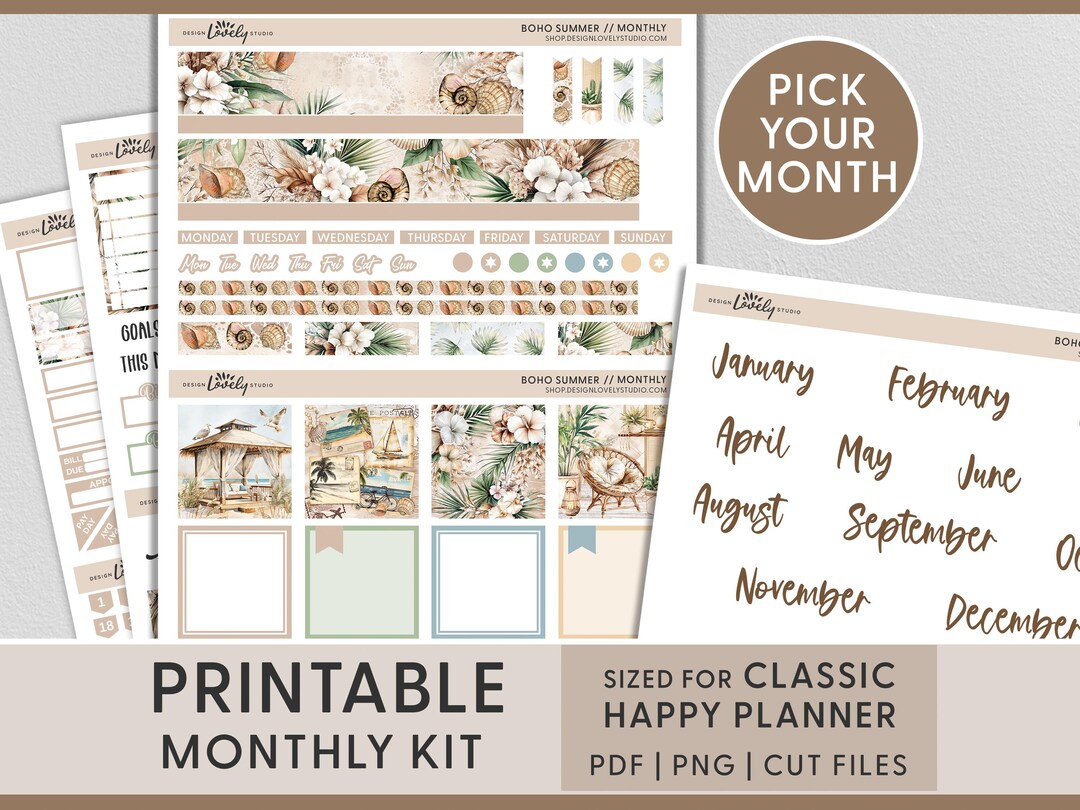 Boho Summer Monthly Kit – Printable Planner Stickers for Happy Planner ...