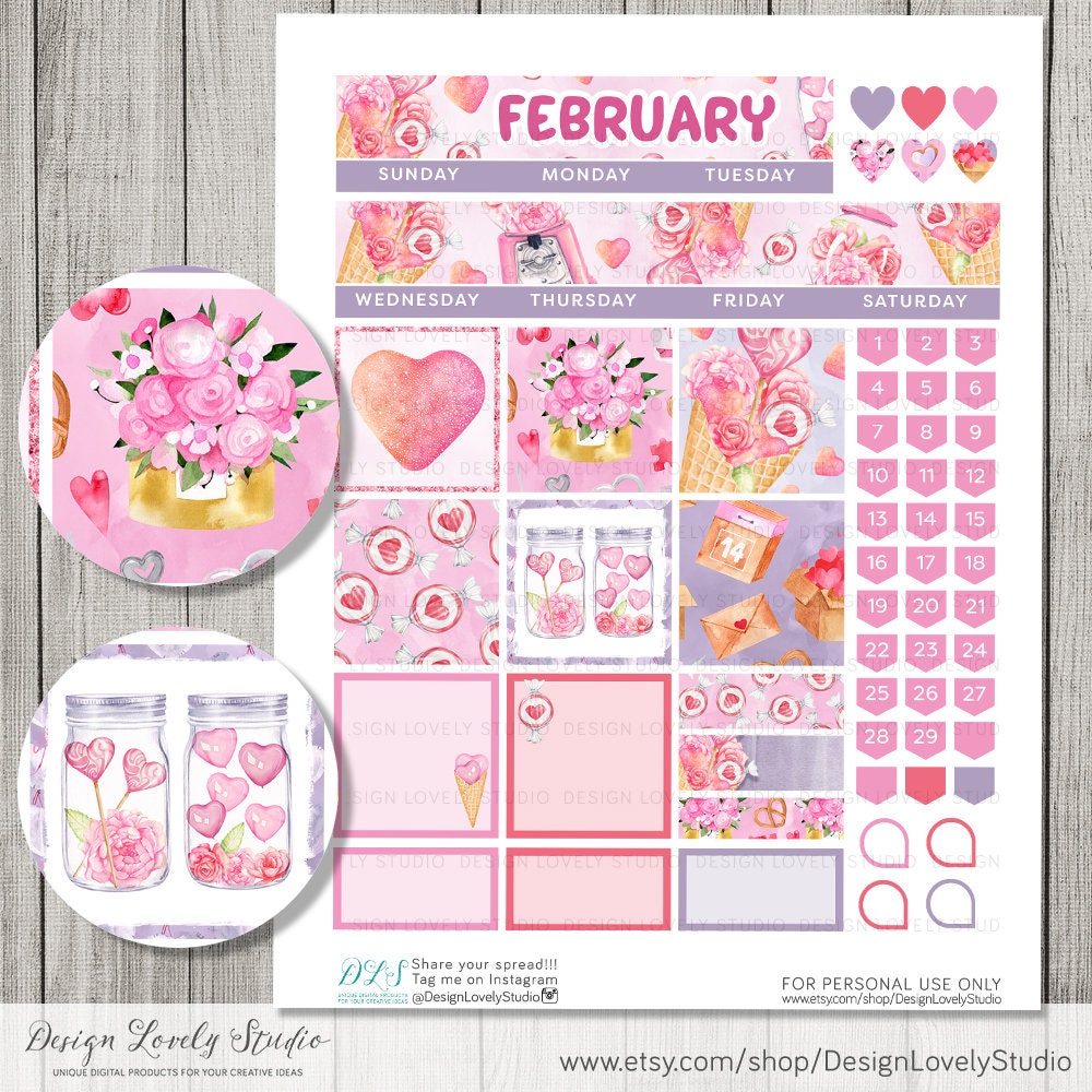 Printable FEBRUARY Monthly Stickers Kit Big Happy Planner | Etsy