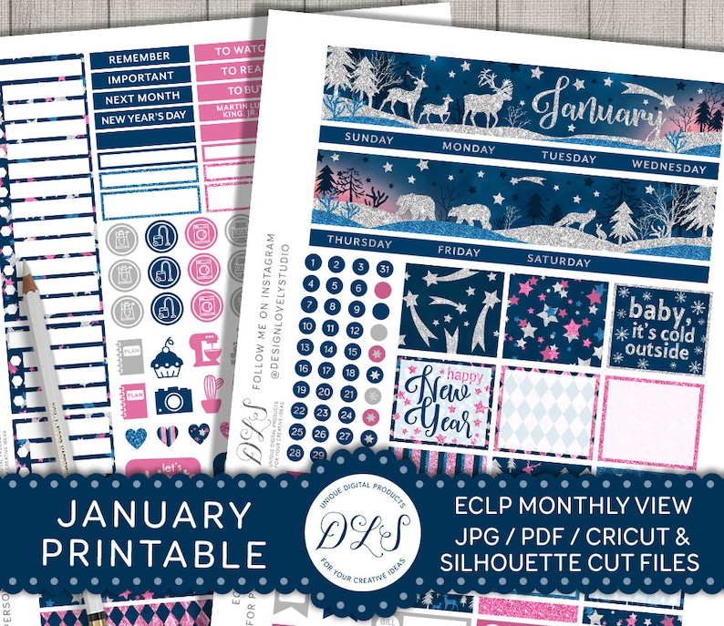 Printable January Planner Stickers January Monthly Kit EC - Etsy