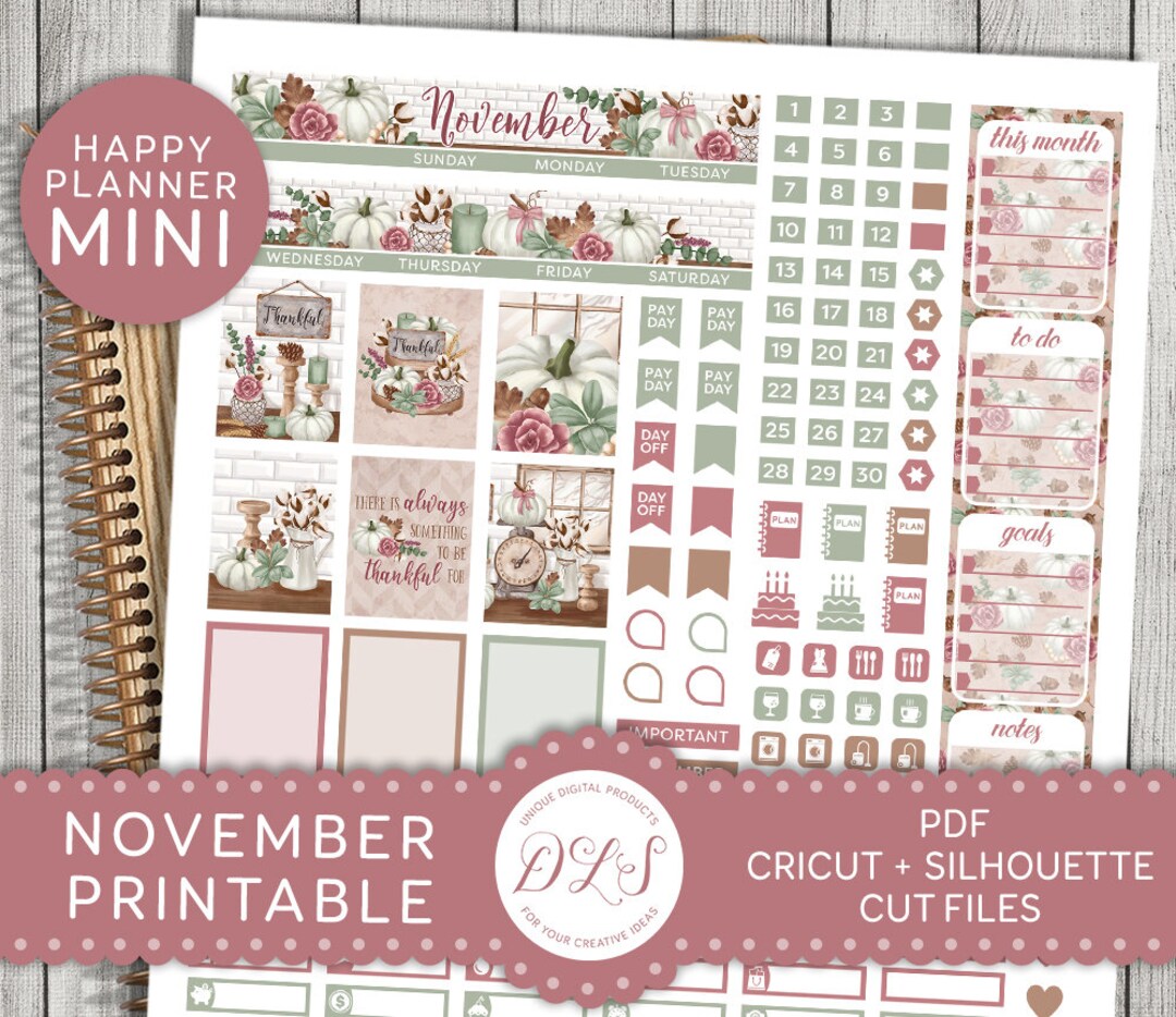 November Mini Happy Planner Stickers, Printable November Monthly Kit ...