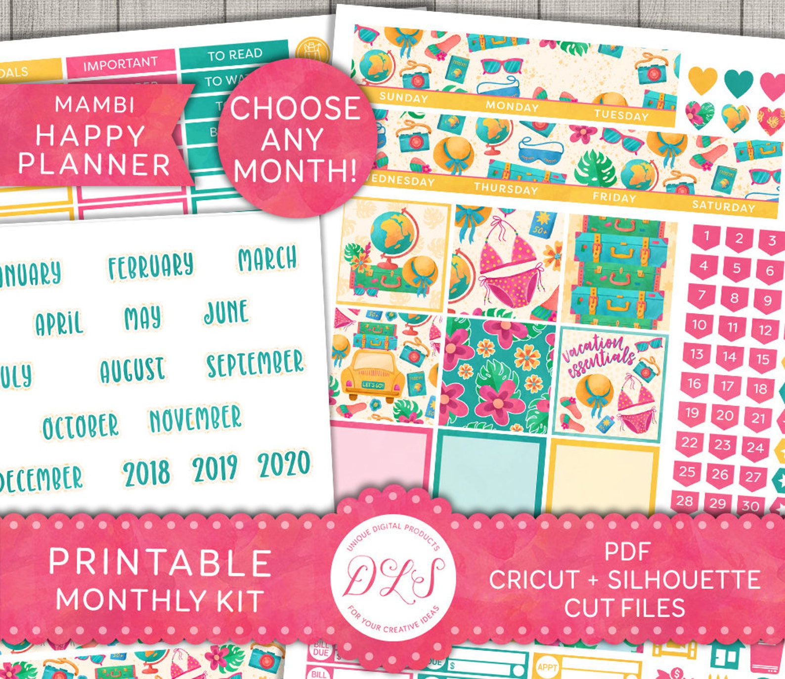 Printable HAPPY PLANNER Monthly Kit, August Monthly Stickers Kit, July ...