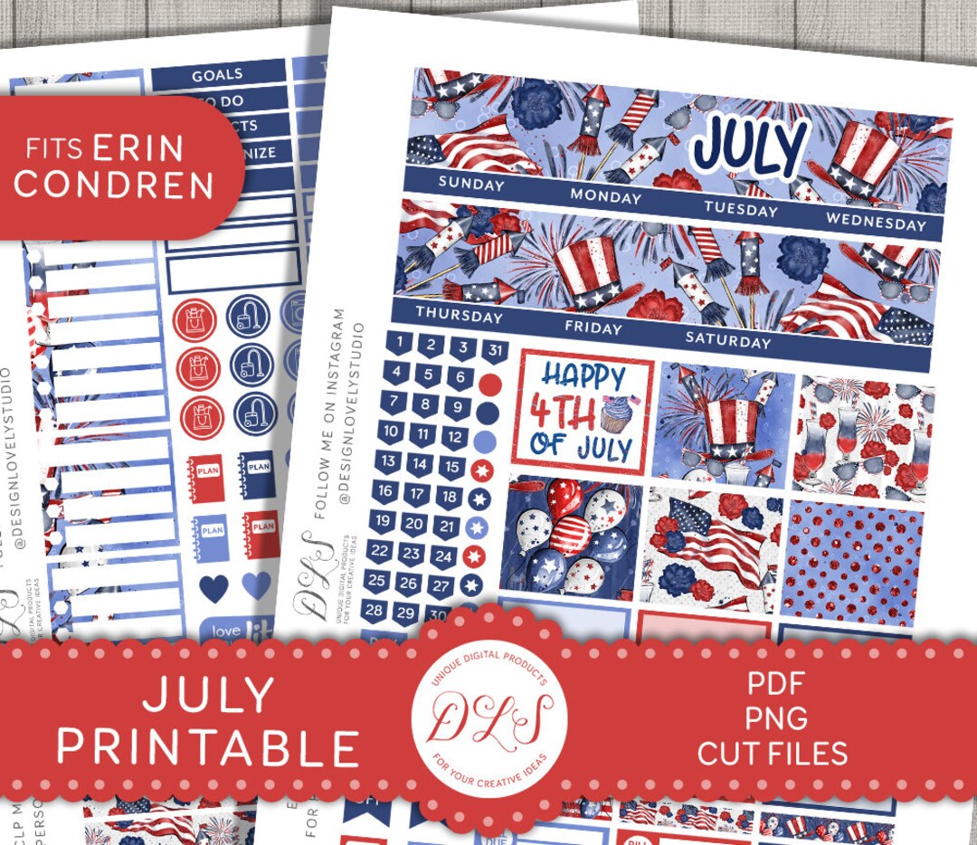 Printable JULY Monthly Planner Kit, July Monthly Stickers Kit, July 4th ...