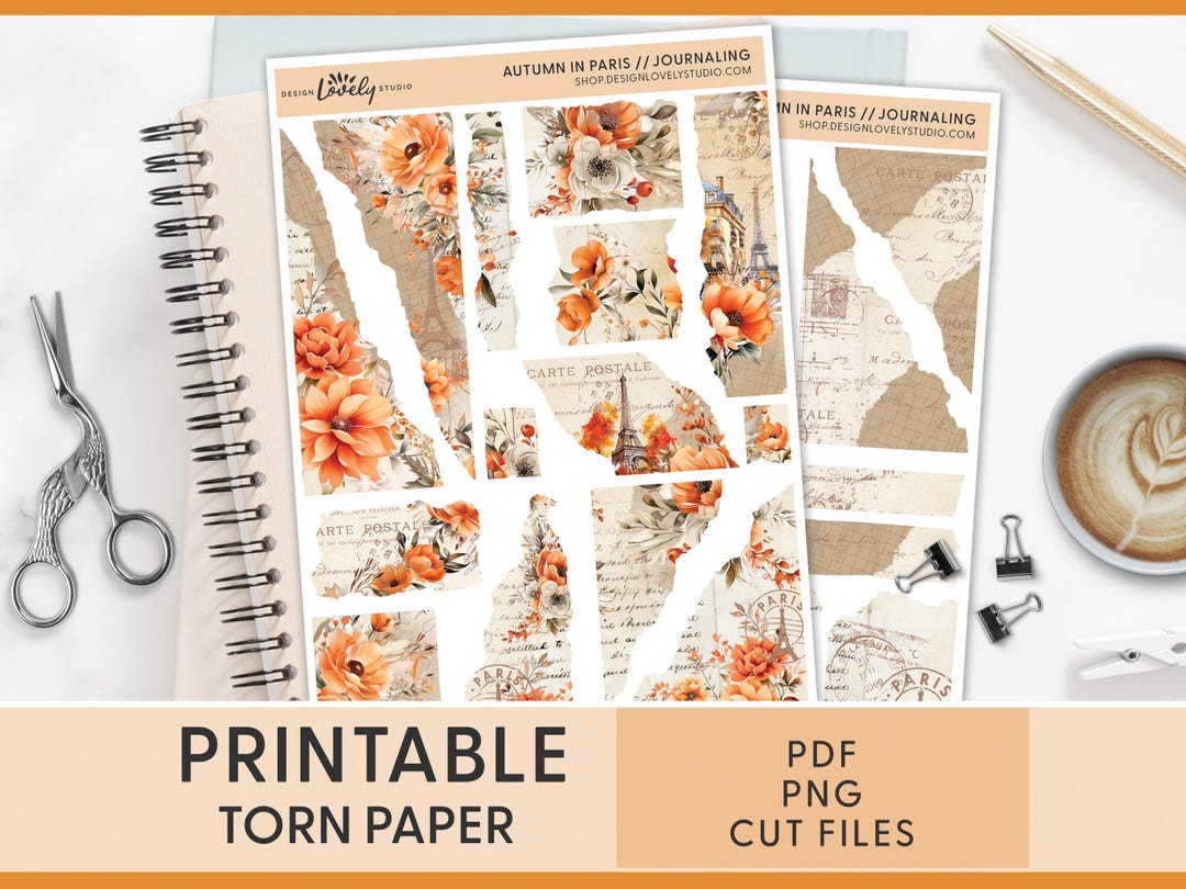Orange Fall Printable Stickers, Printable Torn Paper Stickers, Ripped ...