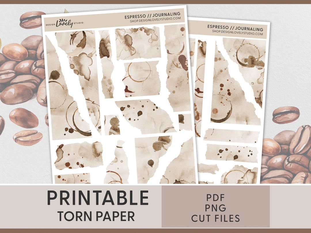 Printable Coffee Stained Torn Paper Stickers, Coffee Lover Journal ...