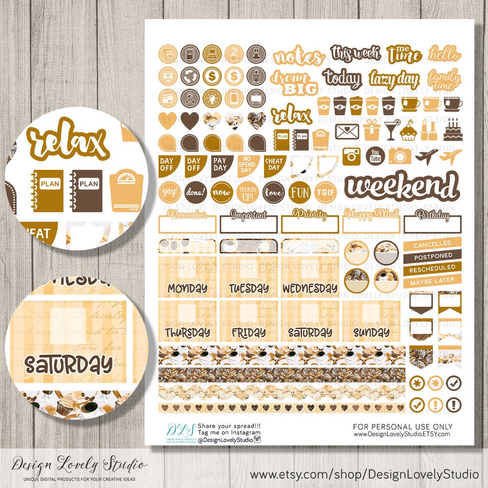 Printable COFFEE TIME Planner Stickers, Happy Planner Weekly Stickers ...