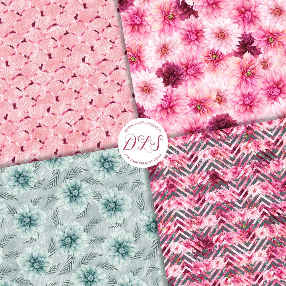 FLORAL Digital Paper Pack Dahlias Pink Mint Background Floral - Etsy