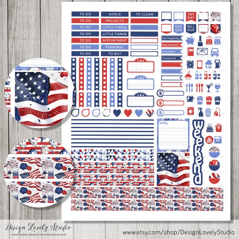 Printable 4th of July Planner Stickers Kit Independence Day | Etsy