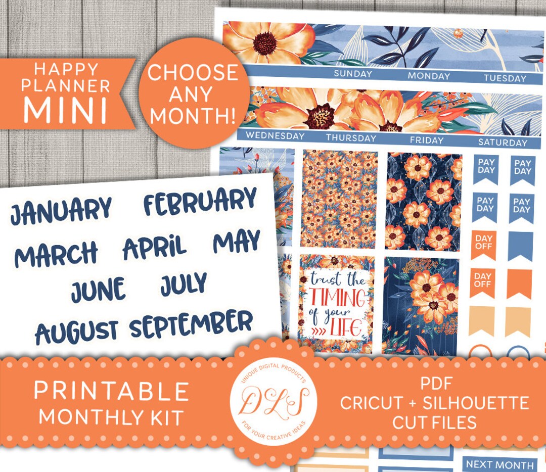 Mini Happy Planner Printable Monthly Stickers, Floral Planner Stickers ...