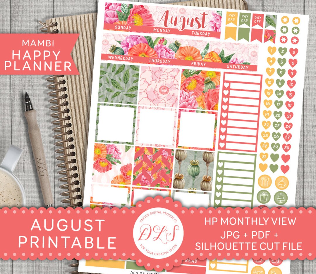 Happy Planner AUGUST, August Monthly View Stickers, August Mambi ...
