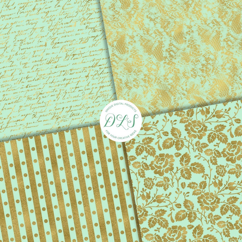 Gold Foil Digital Paper Pack: "mint & Gold" Seamless Pattern Mint ...
