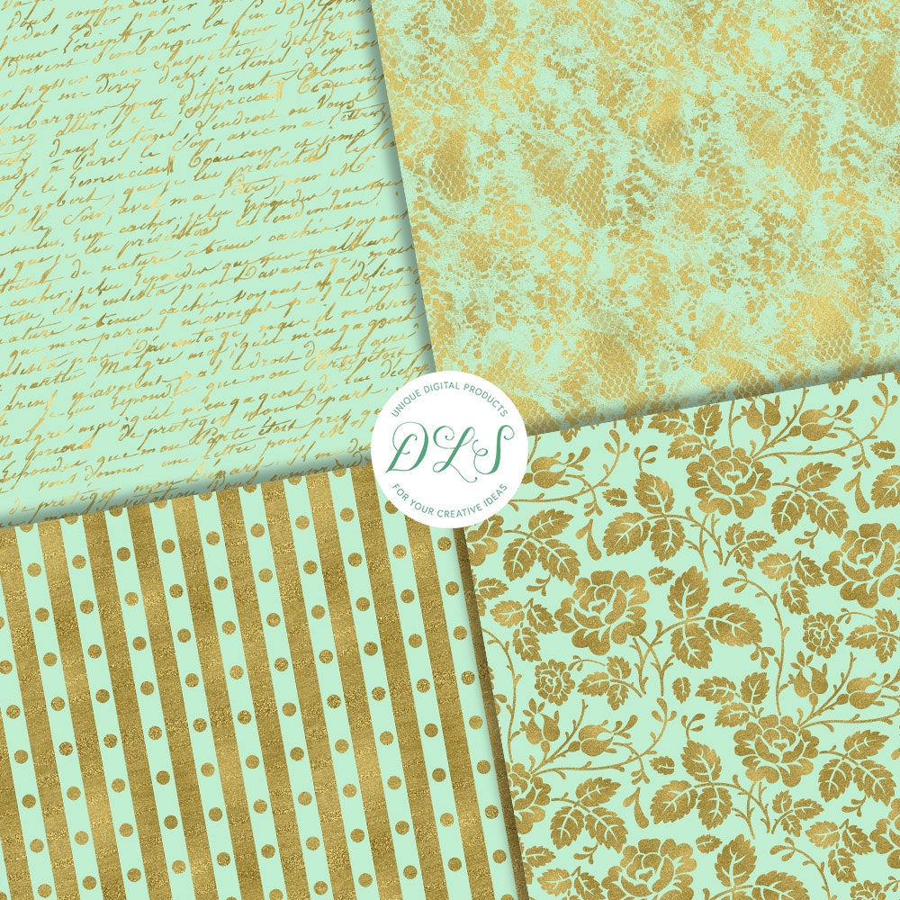 Gold Foil Digital Paper Pack: "mint & Gold" Seamless Pattern Mint ...