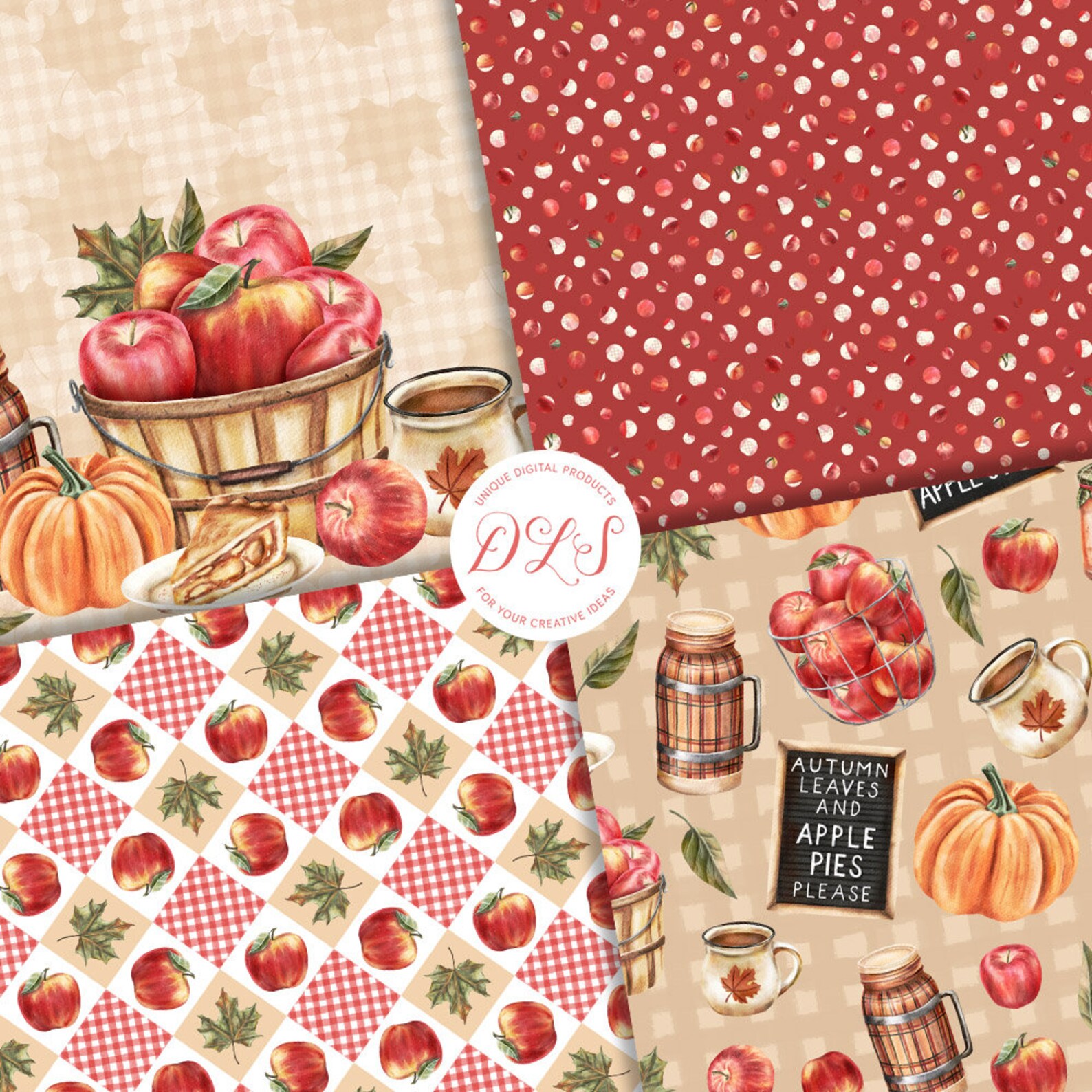 Apple Digital Paper, Fall Digital Background, Thanksgiving Pattern ...