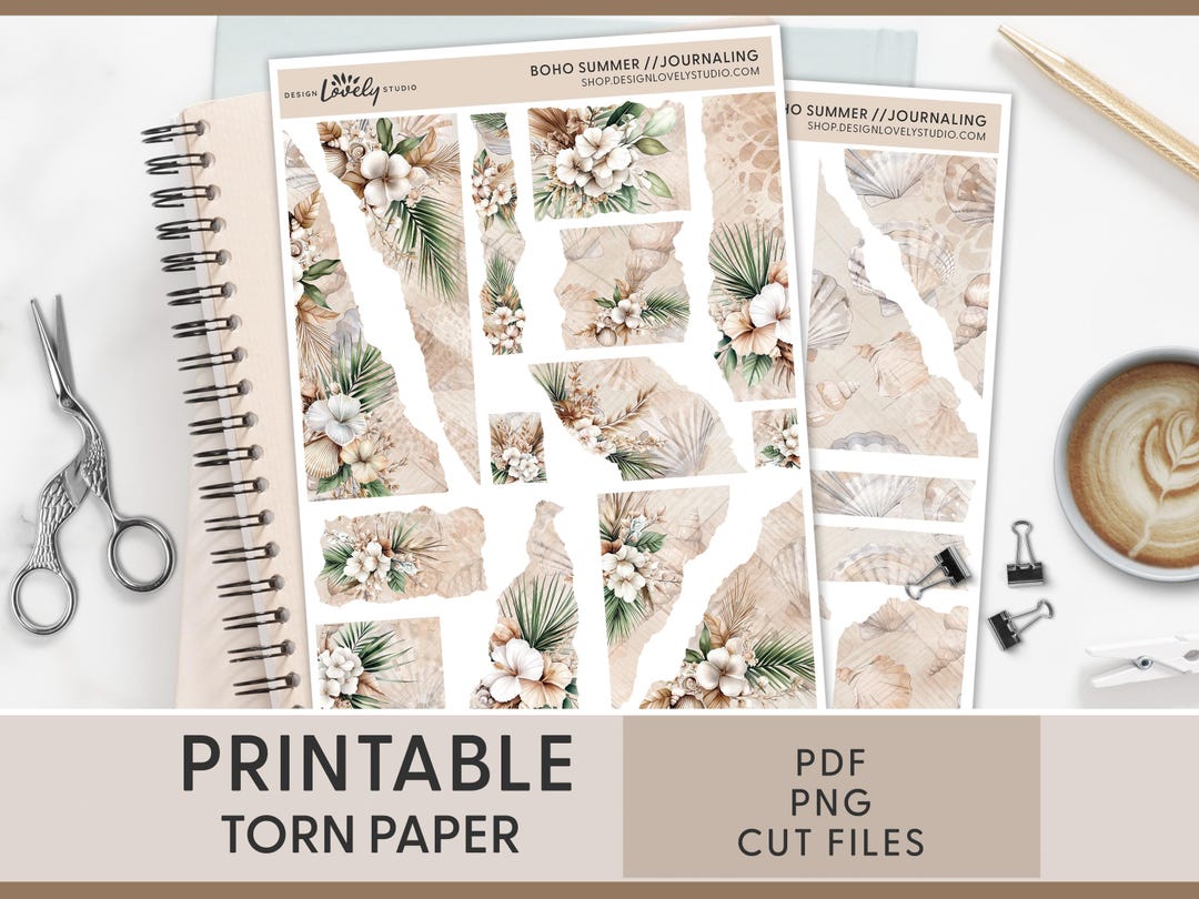 Boho Summer Torn Paper Stickers – Printable Ripped Paper Elements for ...