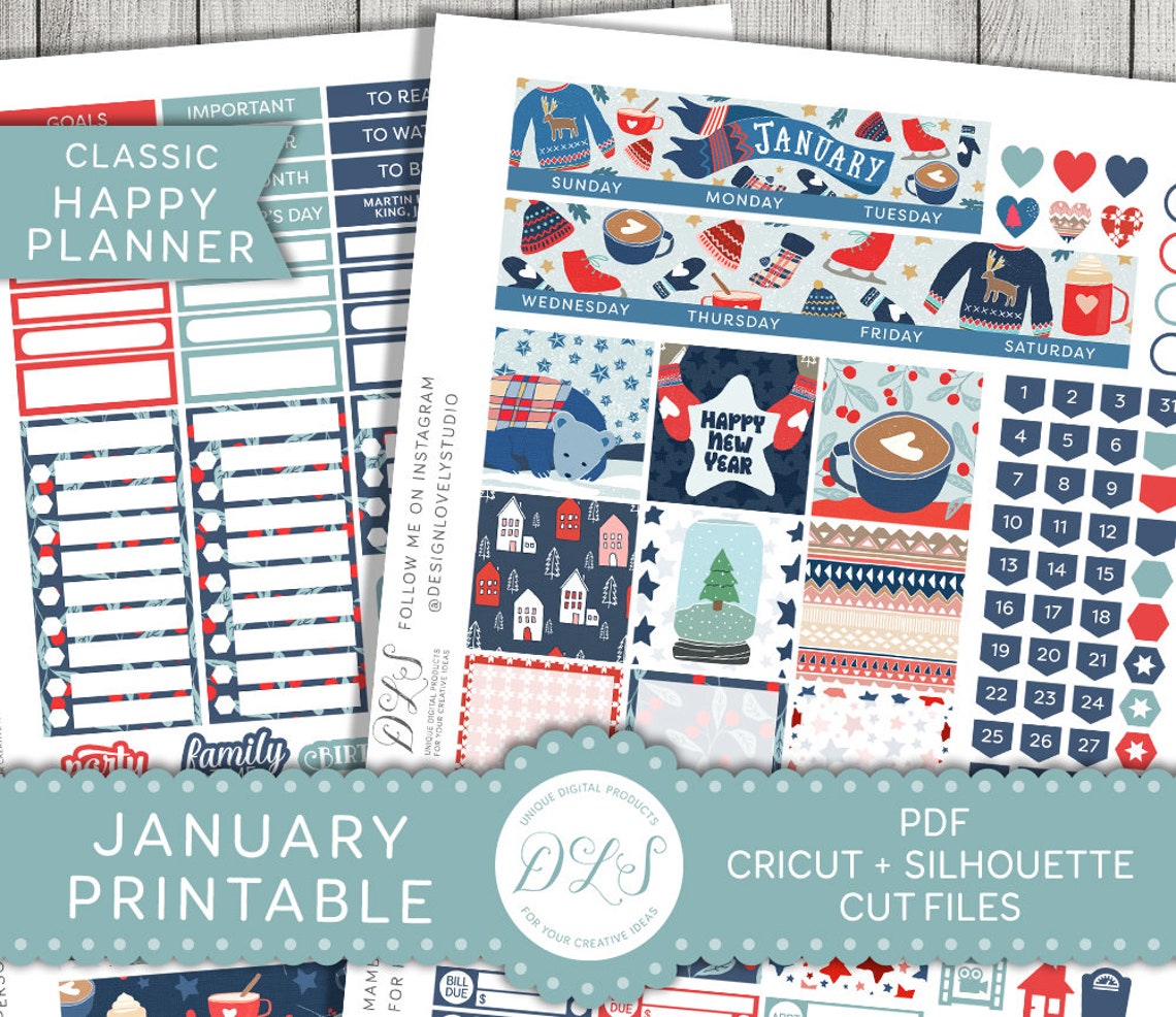 Printable January Planner Stickers January Monthly Kit Happy - Etsy