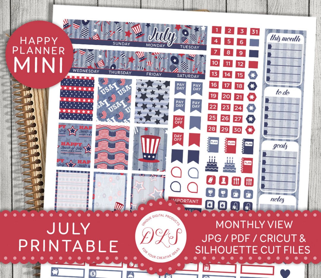 Mini Happy Planner July, July Monthly View, 4th of July Stickers Kit ...
