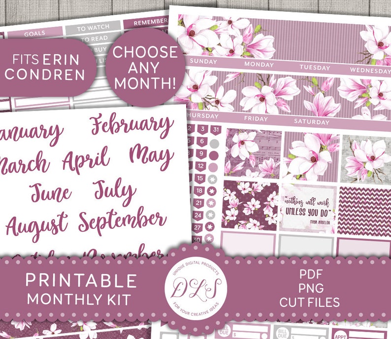 PRINTABLE Monthly Planner Stickers Kit, Purple Floral Planner Stickers ...