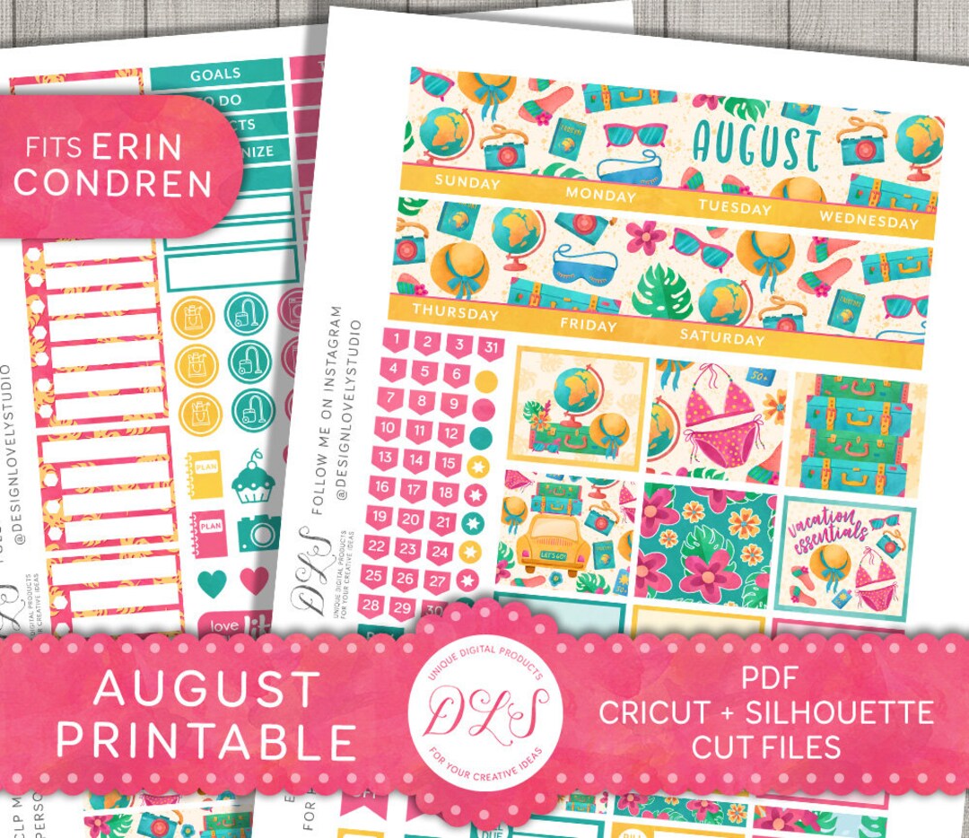 August Monthly Kit, Printable August Monthly Stickers, Erin Condren ...