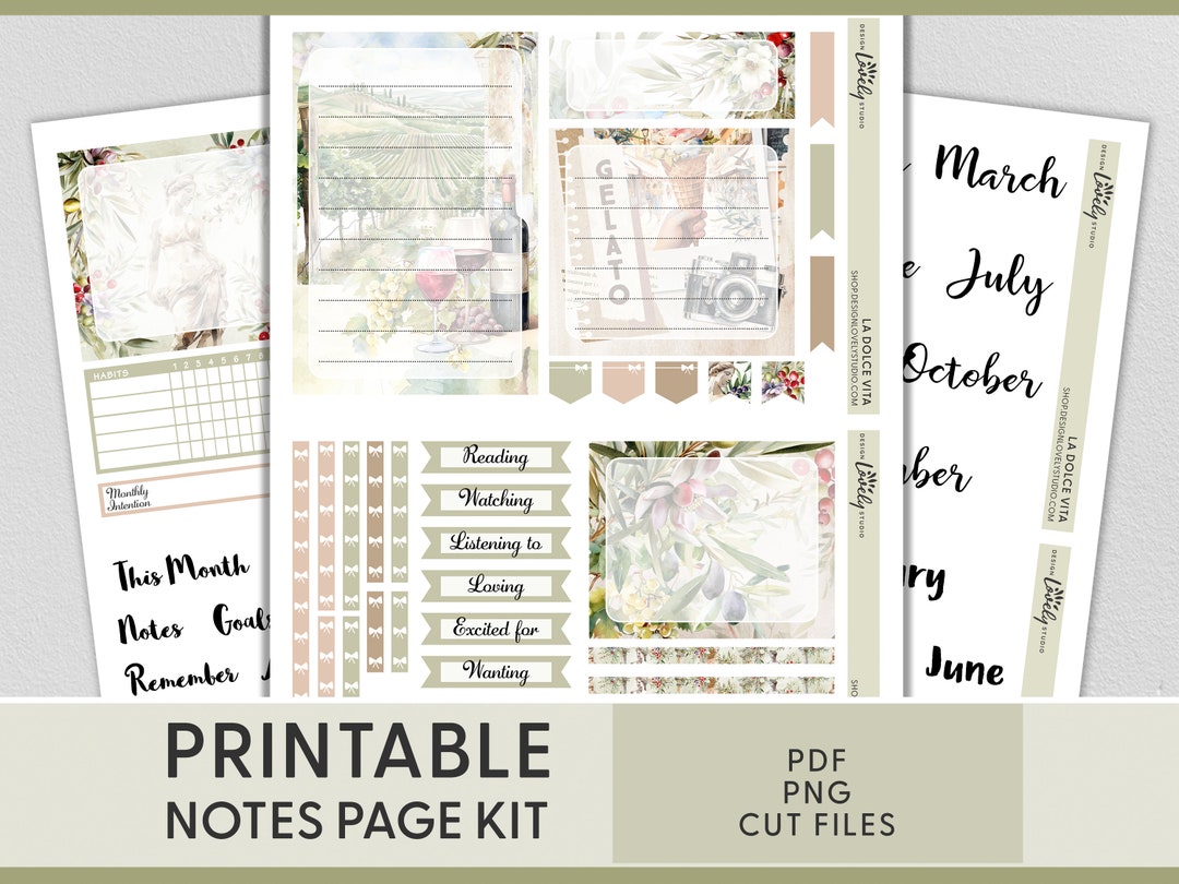 La Dolce Vita Printable Notes Page Stickers, July Notes Page Kit ...