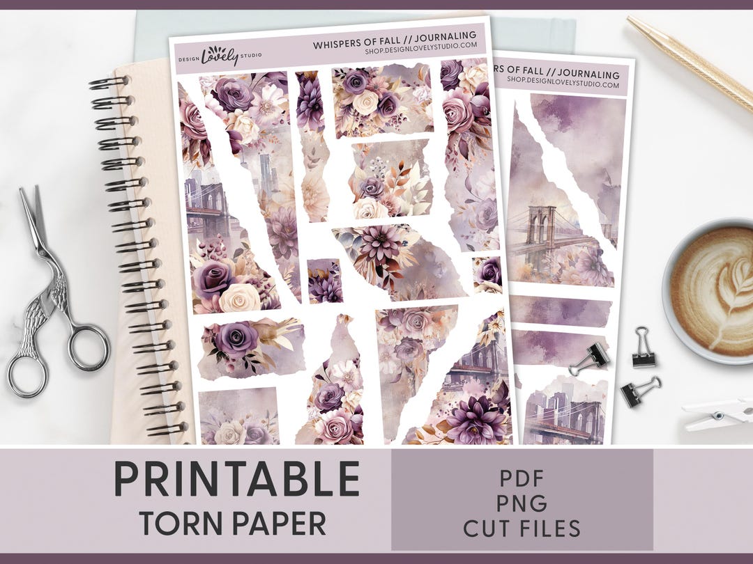 Purple Floral Printable Stickers, Printable Torn Paper Stickers, Ripped ...