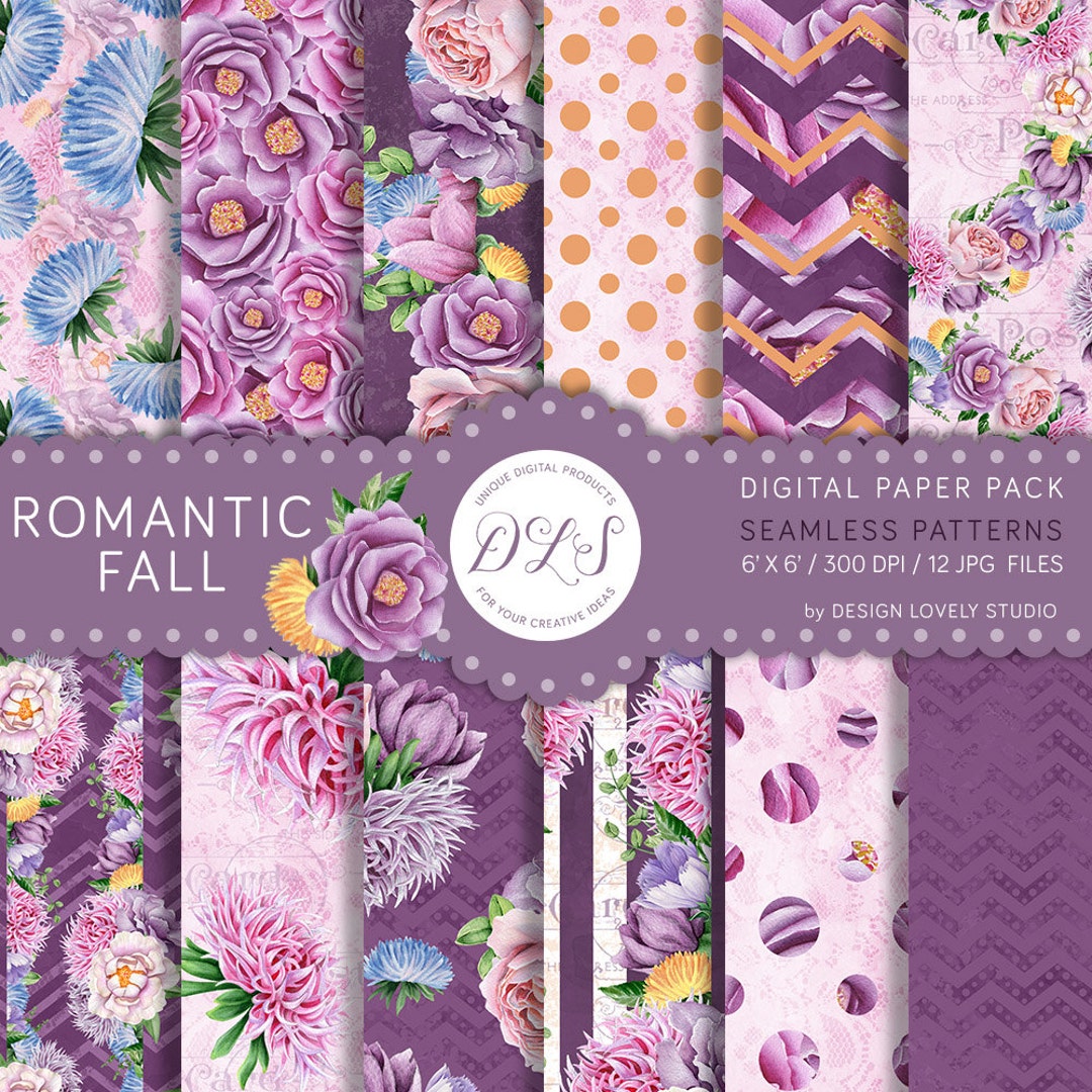 Floral Digital Paper: "romantic Fall" Purple Watercolor Flowers Roses ...