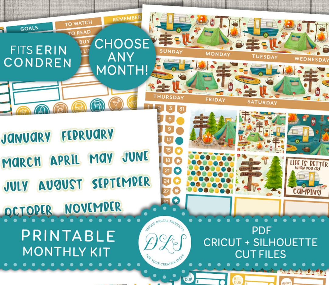 Camping Monthly Planner Stickers, Printable Camping Monthly Kit, for ...