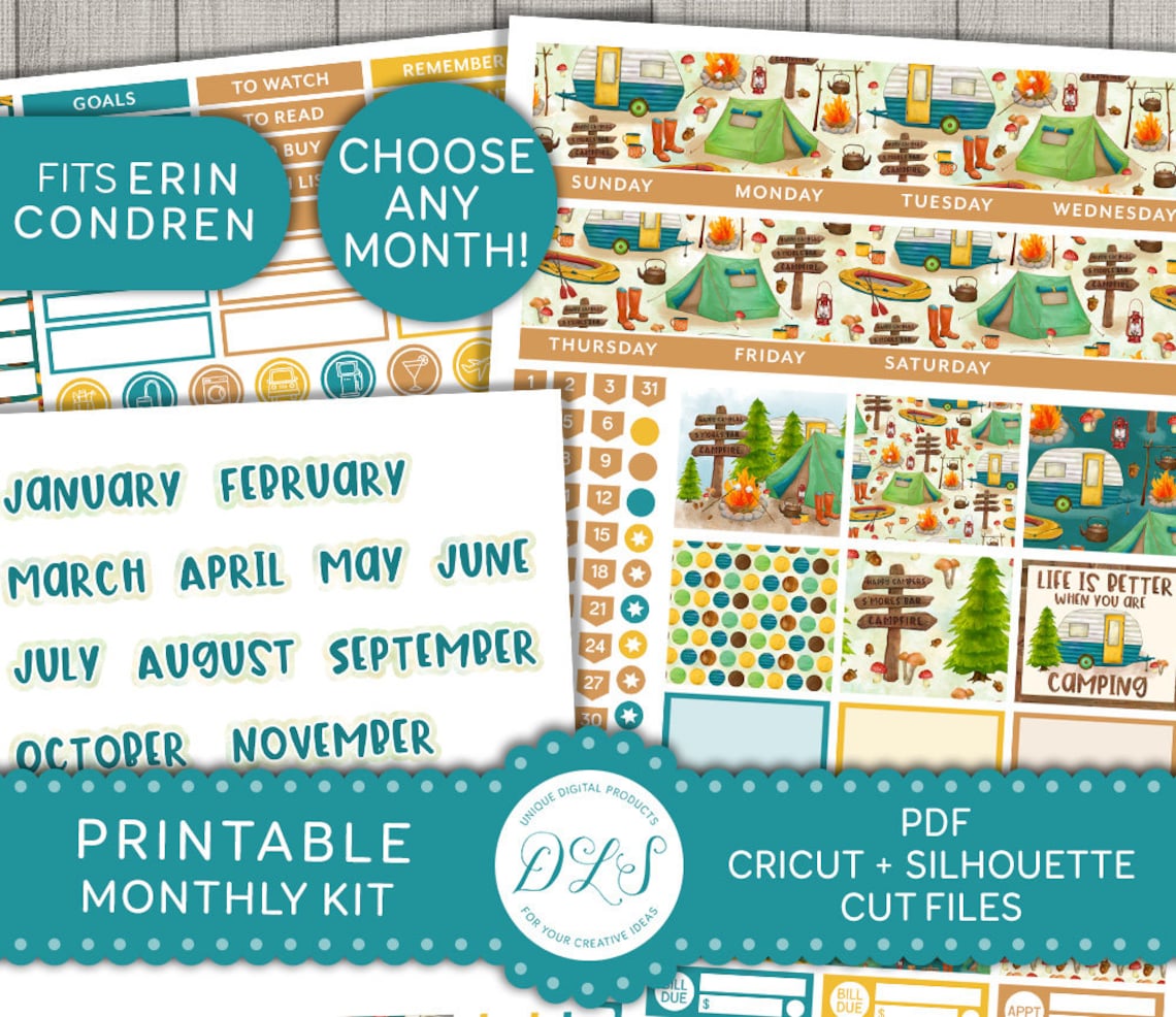 Camping Monthly Planner Stickers Printable Camping Monthly | Etsy