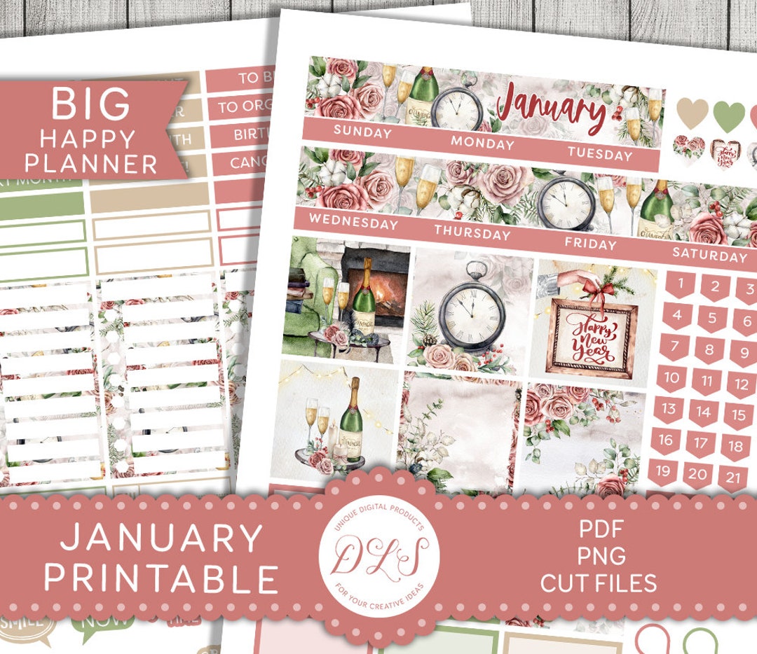 Printable JANUARY Monthly Stickers Kit, Big Happy Planner January Kit ...