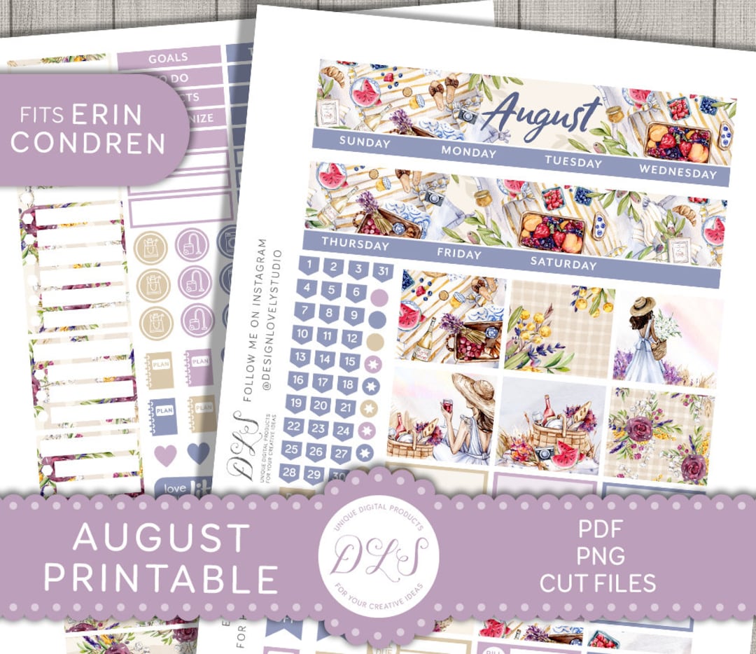 August Monthly Kit, Printable August Monthly Stickers, Erin Condren ...