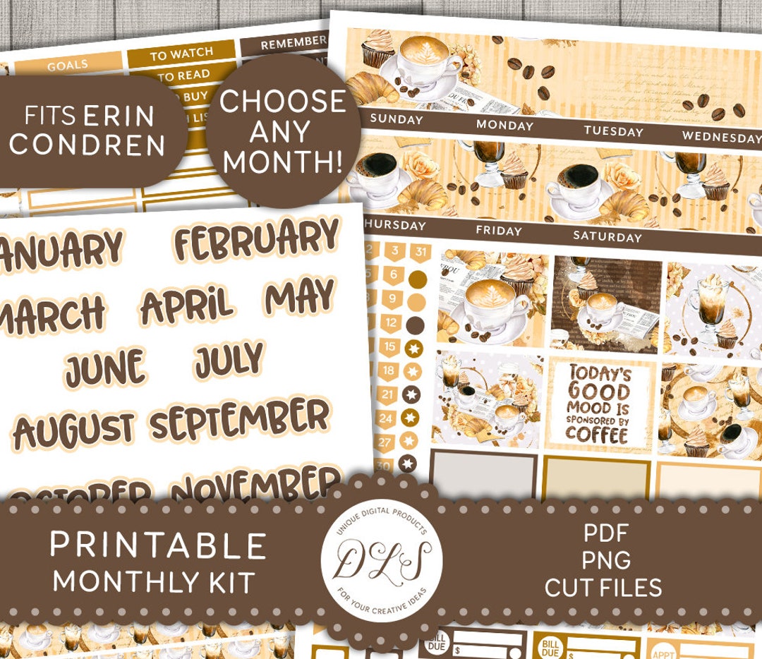 Printable COFFEE TIME Monthly Planner Stickers, Fits Erin Condren Life ...