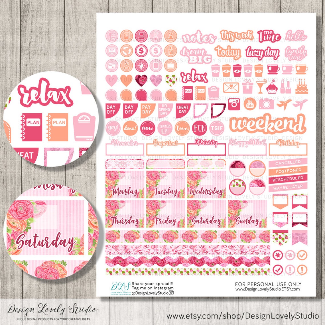 Happy Planner PRINTABLE Weekly Kit, Pink Floral Planner Stickers, Happy ...