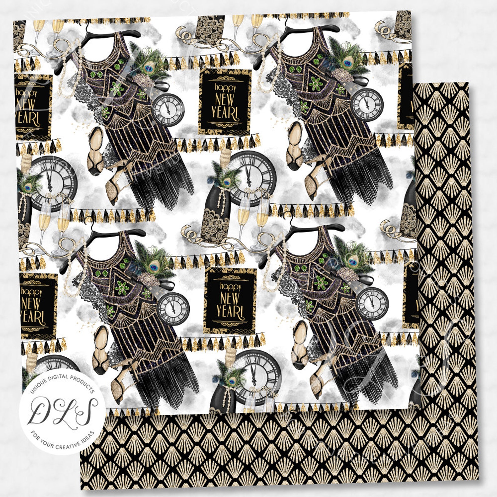 New Year's Eve Digital Paper, New Year Digital Backdrop, Gold Glitter ...