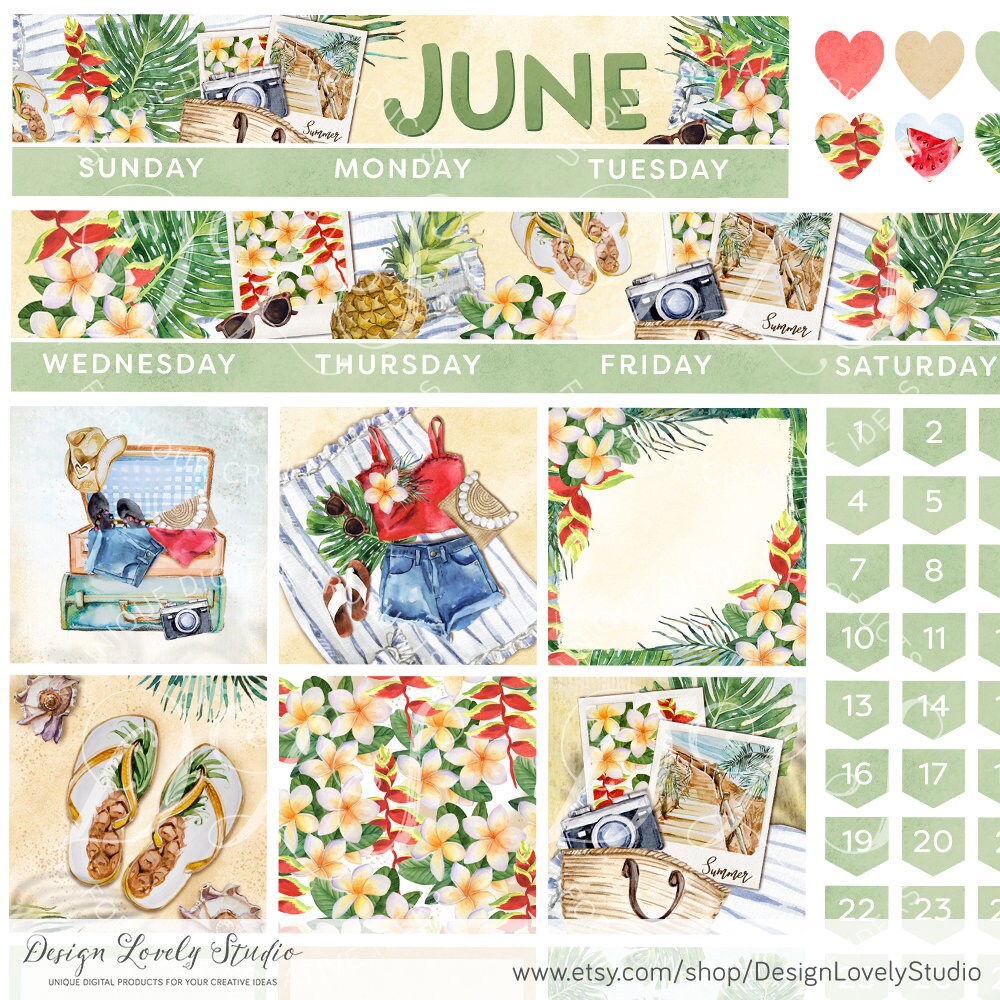 JUNE Monthly Stickers Kit, Big Happy Planner Printable Stickers, June ...