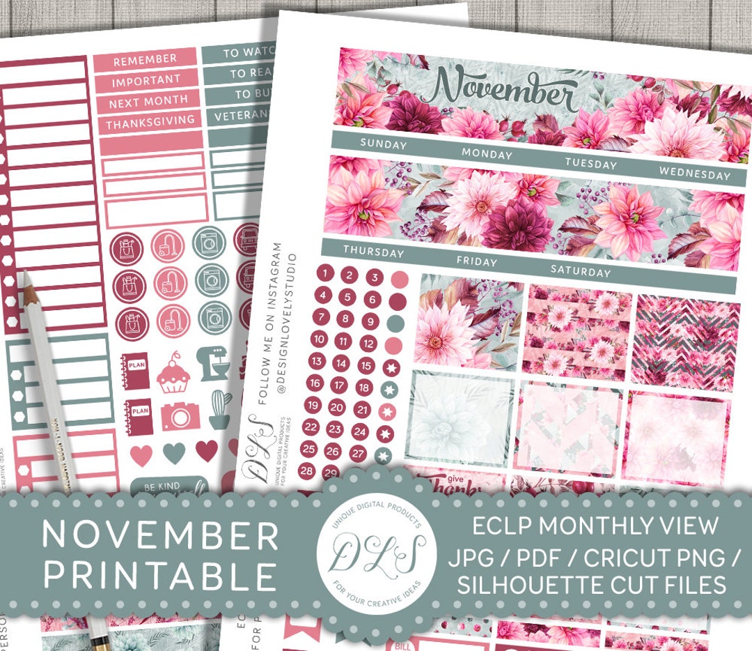 NOVEMBER Planner Monthly View Stickers for Erin Condren LP Fall Flower ...