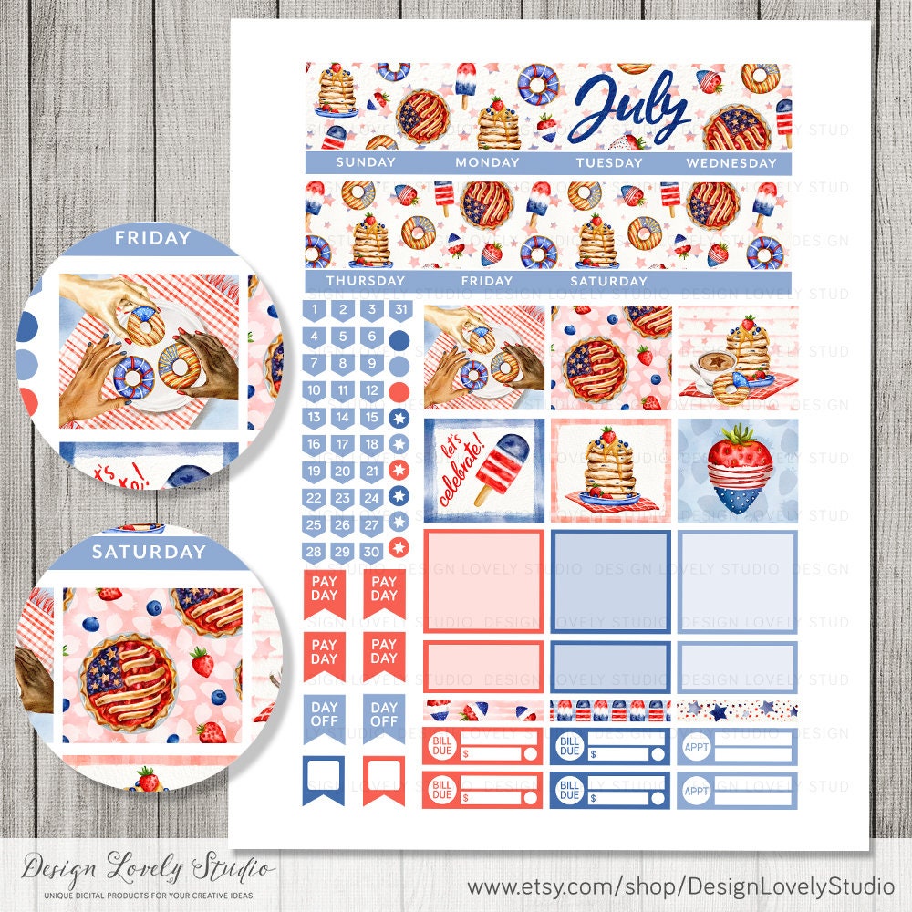 Printable JULY Monthly Stickers Kit Fits Erin Condren Life - Etsy