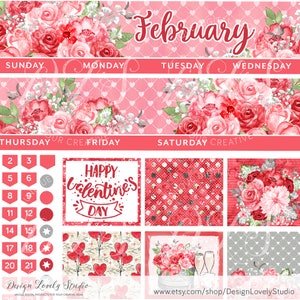 Printable February Monthly Kit, Valentines Day Planner Stickers, EC ...