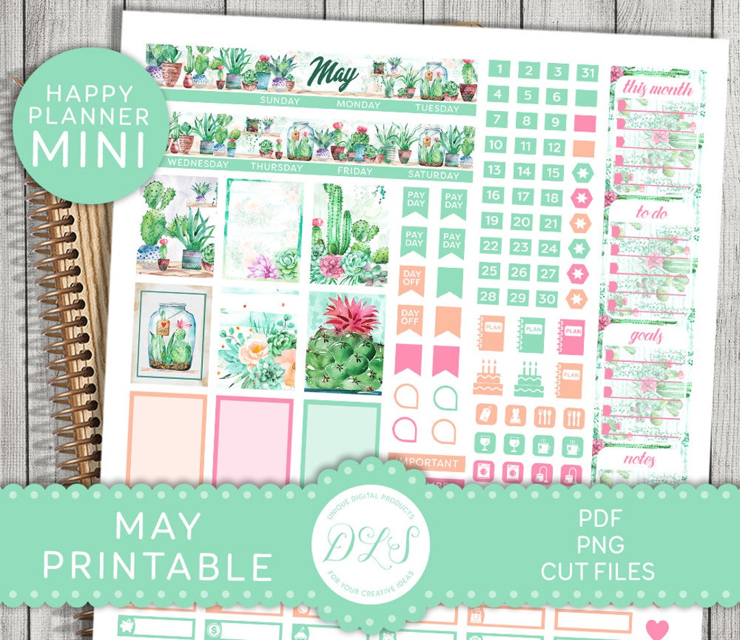 Printable MAY Monthly Stickers, Cactus Planner Stickers Kit, Mini Happy ...
