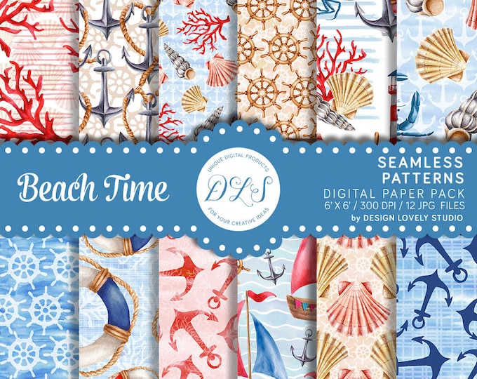 Nautical Digital Paper: BLUE & RED NAUTICAL Patterns Seamless Pattern ...