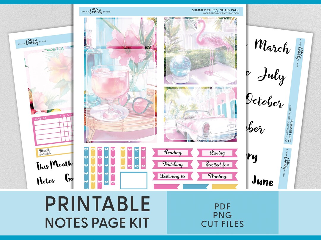 Palm Beach Notes Page Kit for June, July, August, Printable Planner ...