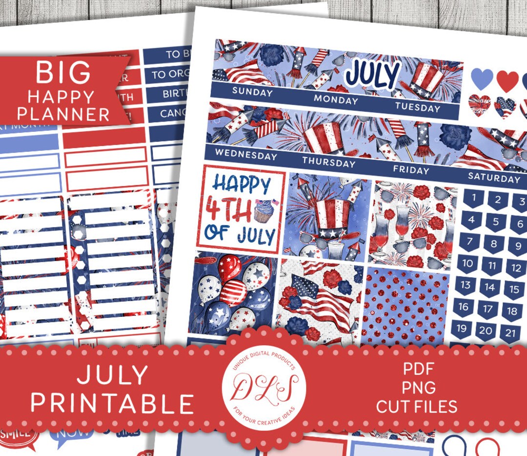 Big Happy Planner JULY Stickers Kit, JULY Monthly Printable Stickers ...