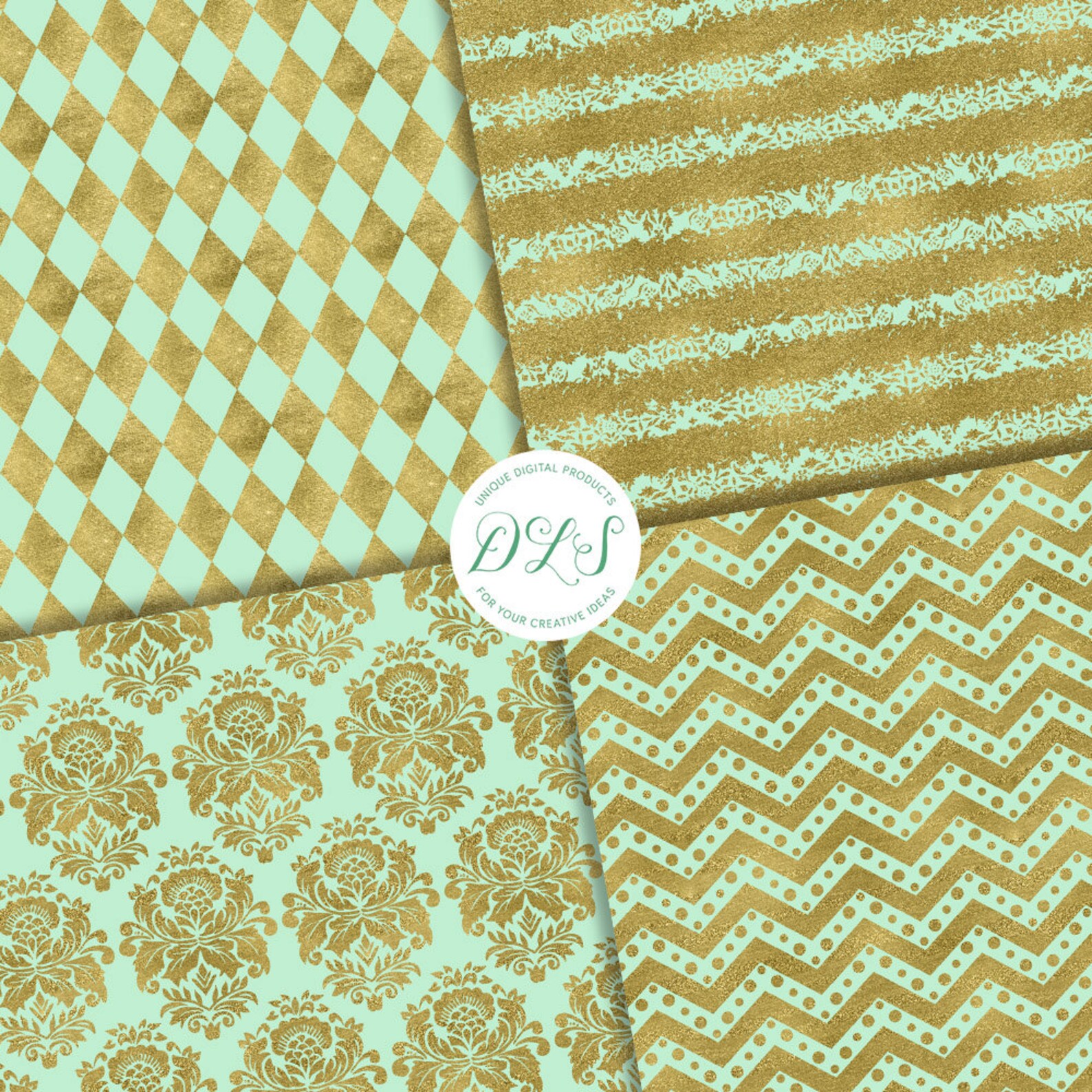Gold Foil Digital Paper Pack: mint & Gold Seamless | Etsy