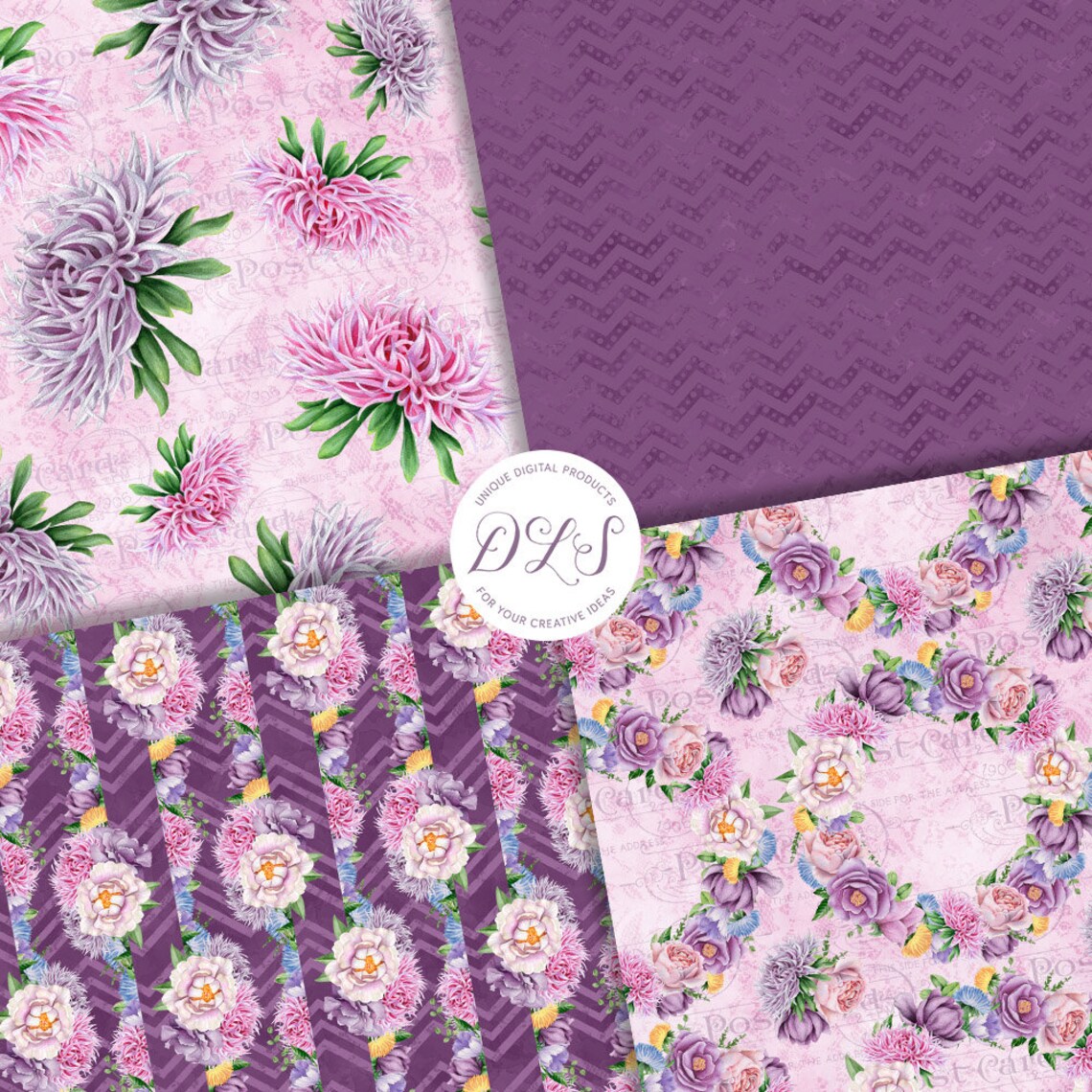 Floral Digital Paper: "romantic Fall" Purple Watercolor Flowers Roses ...