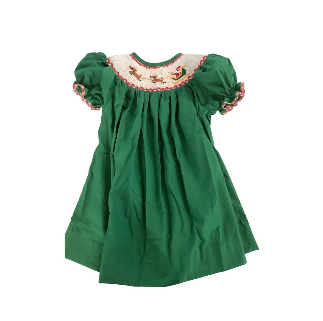 Hand Smocked Green Christmas Dress! Santa and Reindeer Bishop Collar ...