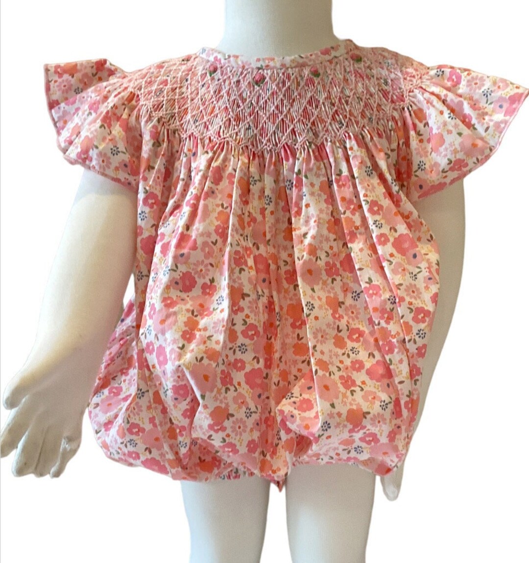 Pink Floral Smocked Summer Bubble Suit. Girls Smocked Bubble Outfit ...