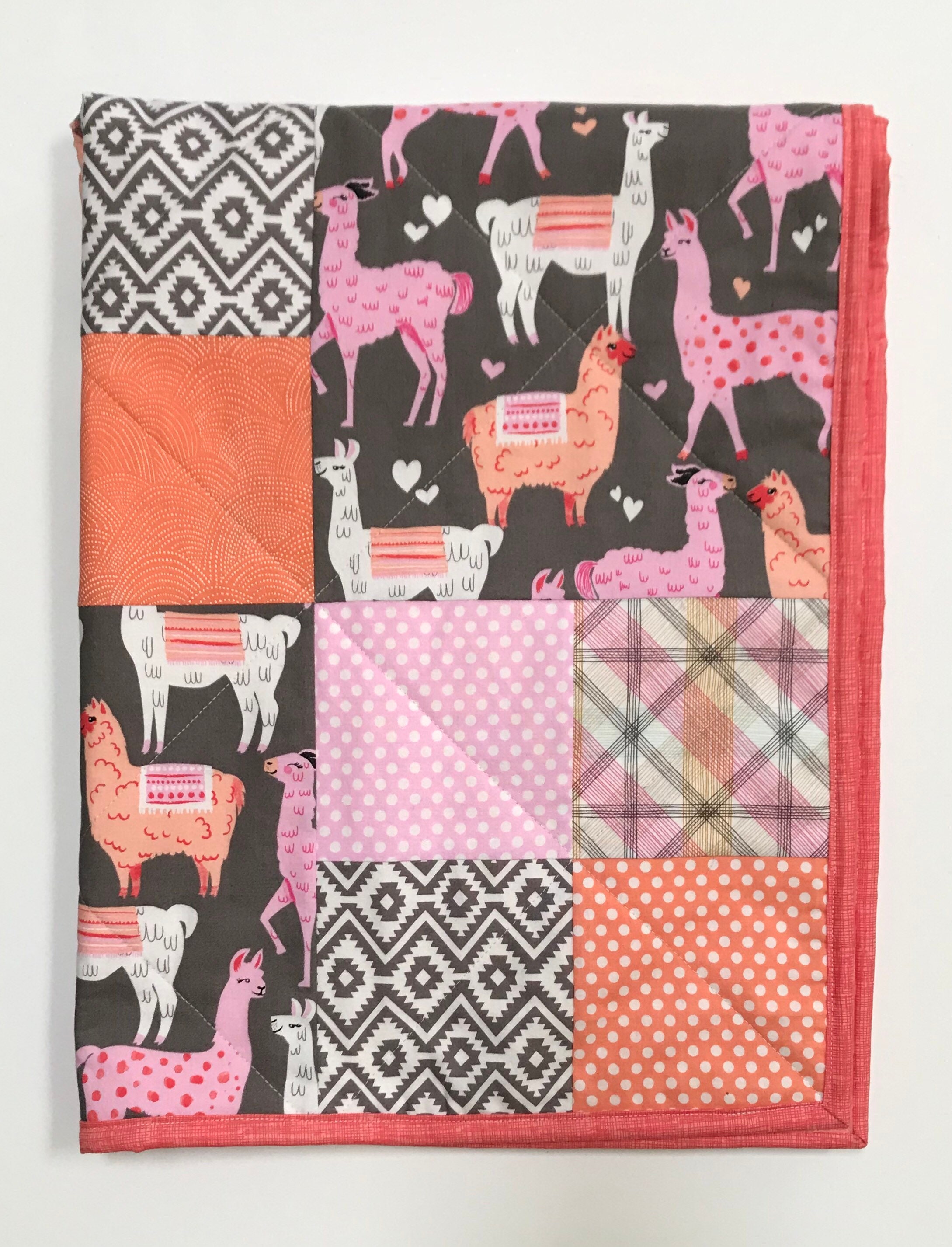 Llama Baby Quilt Baby Girl Modern Patchwork Coral Pink | Etsy