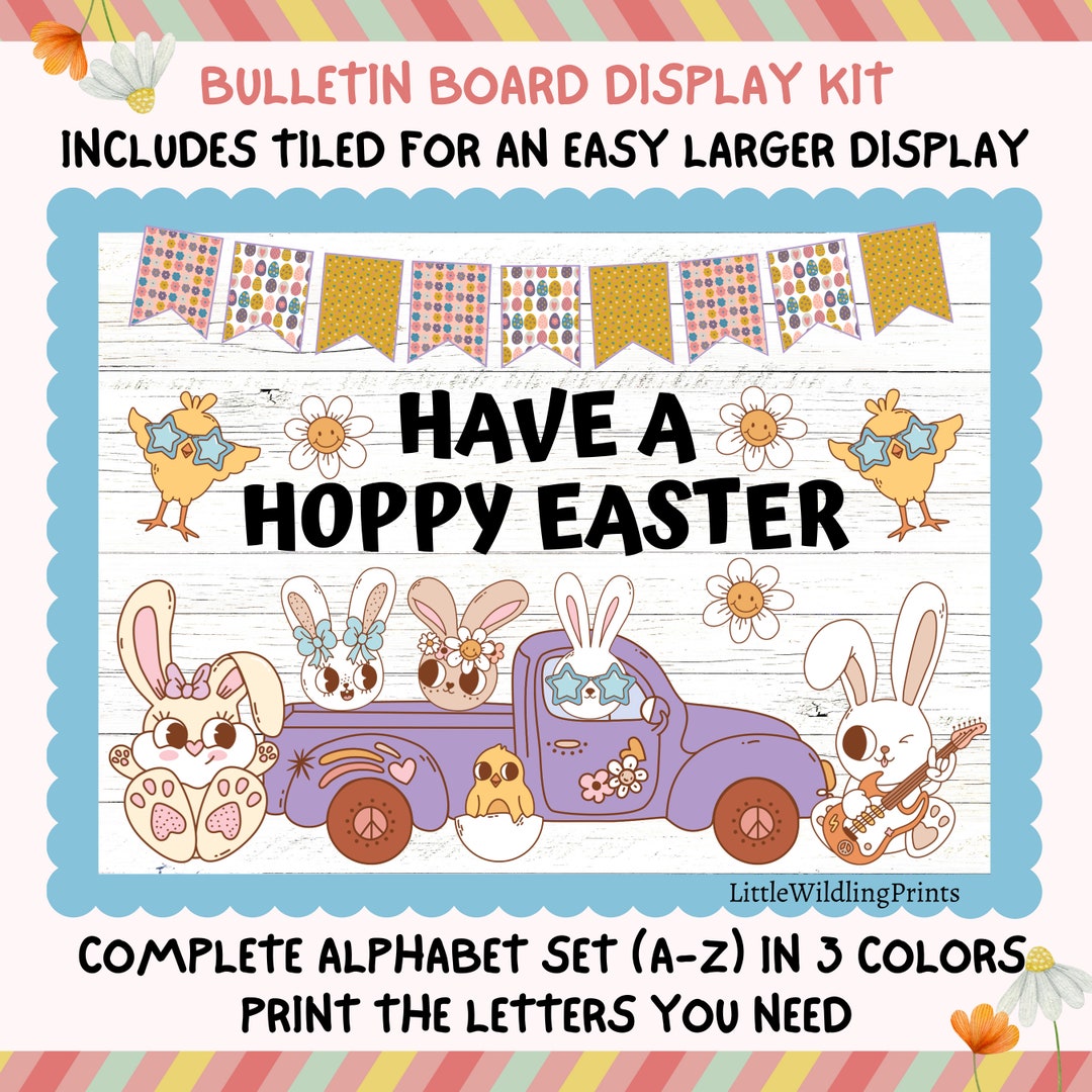 Easter Bunny Bulletin Board Kit, Retro Truck Easter Bulletin, Hoppy ...